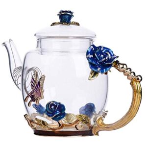 XUDREZ Teabloom Teapot Glass Blooming Tea Teapot for Women Blue Rose Floral Glass Teabloom Teapot with Gold for Mom Friend Christmas Birthday Anniversary, 2.44*4.72in (10.15oz/300ml Deep coffee color)