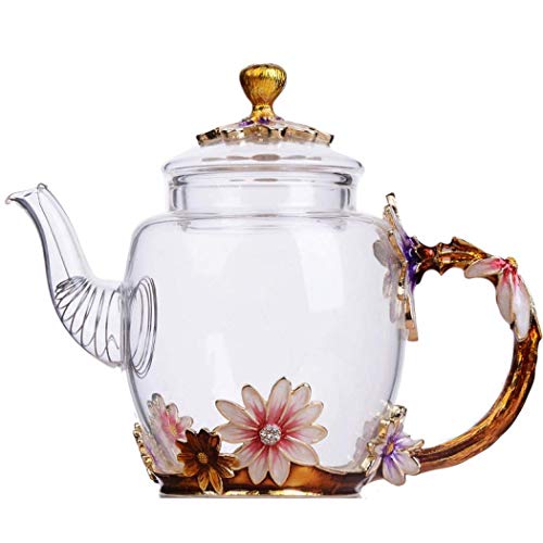 XUDREZ Teabloom Teapot Glass Blooming Tea Teapot for Women Blue Rose Floral Glass Teabloom Teapot with Gold for Mom Friend Christmas Birthday Anniversary, 2.44*4.72in (10.15oz/300ml Deep coffee color)