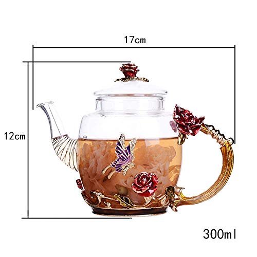 XUDREZ Teabloom Teapot Glass Blooming Tea Teapot for Women Blue Rose Floral Glass Teabloom Teapot with Gold for Mom Friend Christmas Birthday Anniversary, 2.44*4.72in (10.15oz/300ml Deep coffee color)