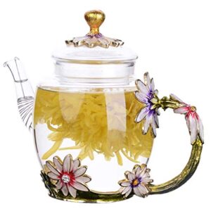 XUDREZ Teabloom Teapot Glass Blooming Tea Teapot for Women Blue Rose Floral Glass Teabloom Teapot with Gold for Mom Friend Christmas Birthday Anniversary, 2.44*4.72in (10.15oz/300ml Deep coffee color)