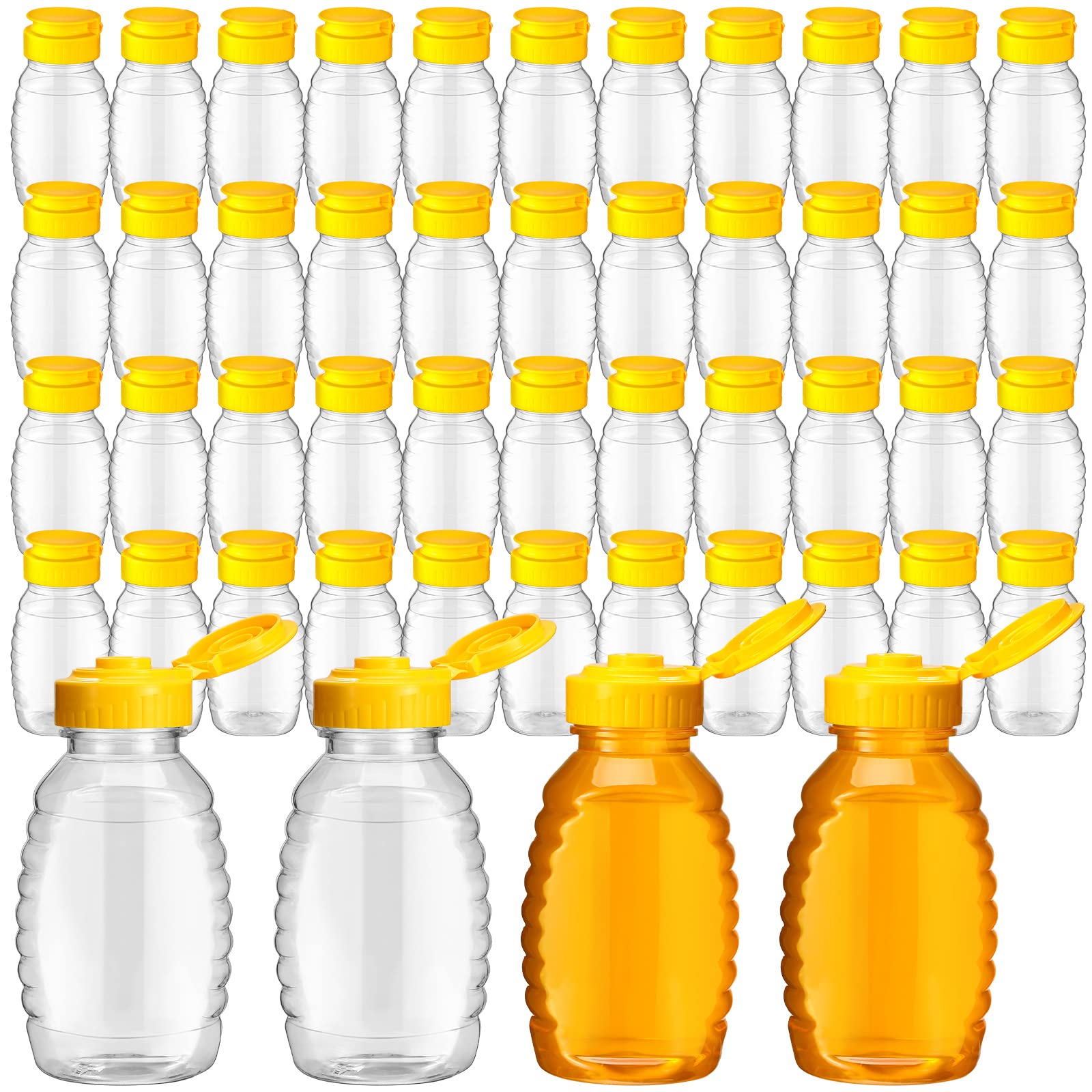 Hoolerry 48 Pack 8 oz Clear Plastic Honey Bottles Refillable Squeeze Honey Container Empty Honey Jars Honey Dispenser with Flip Top Lid Plastic Squeeze Bottles for Sauces Syrup Storing and Dispensing