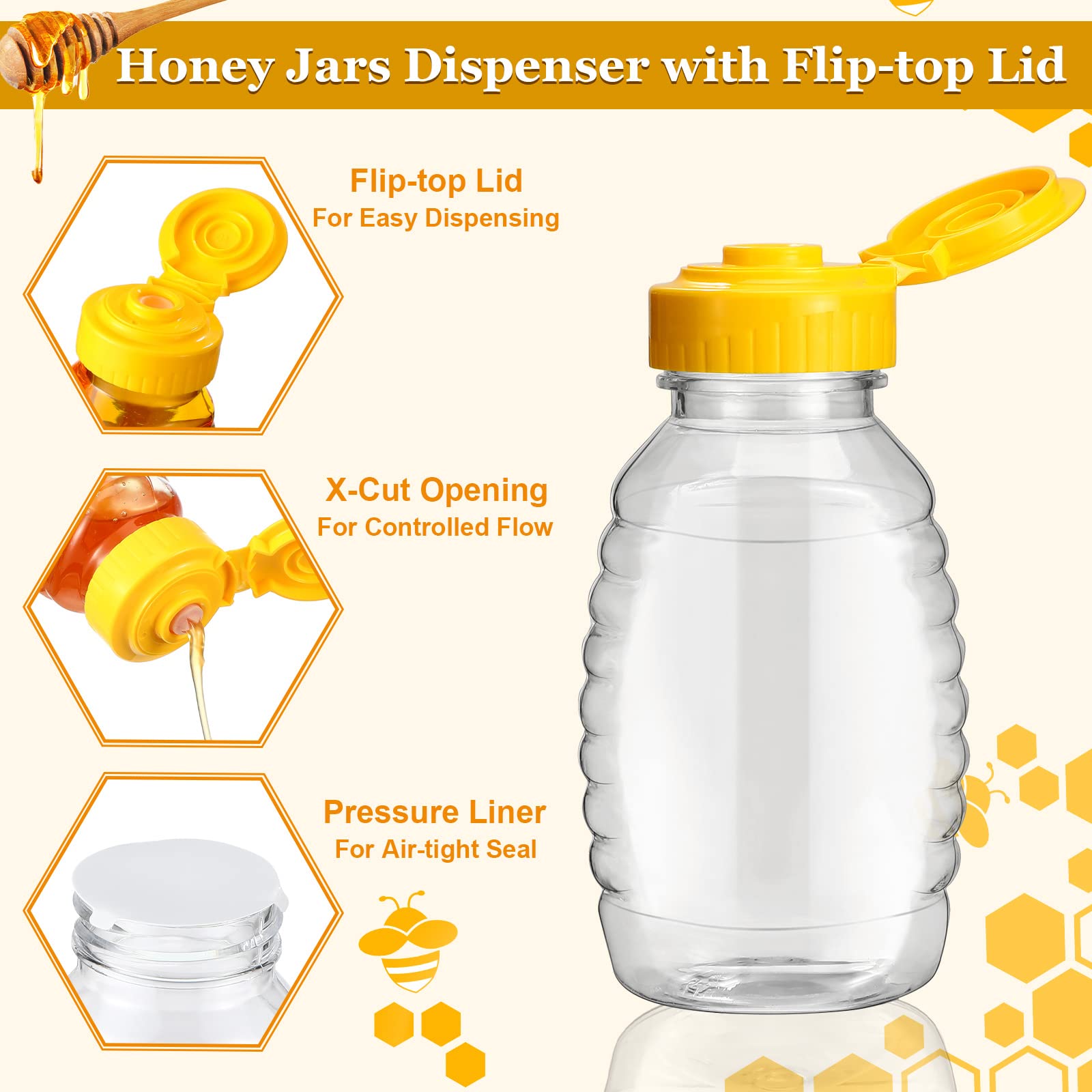 Hoolerry 48 Pack 8 oz Clear Plastic Honey Bottles Refillable Squeeze Honey Container Empty Honey Jars Honey Dispenser with Flip Top Lid Plastic Squeeze Bottles for Sauces Syrup Storing and Dispensing