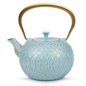 tea kettle, toptier japanese cast iron tea kettle for stove top, stovetop safe teapot with infusers for loose tea, 34 ounce (1000 ml), turquoise melody