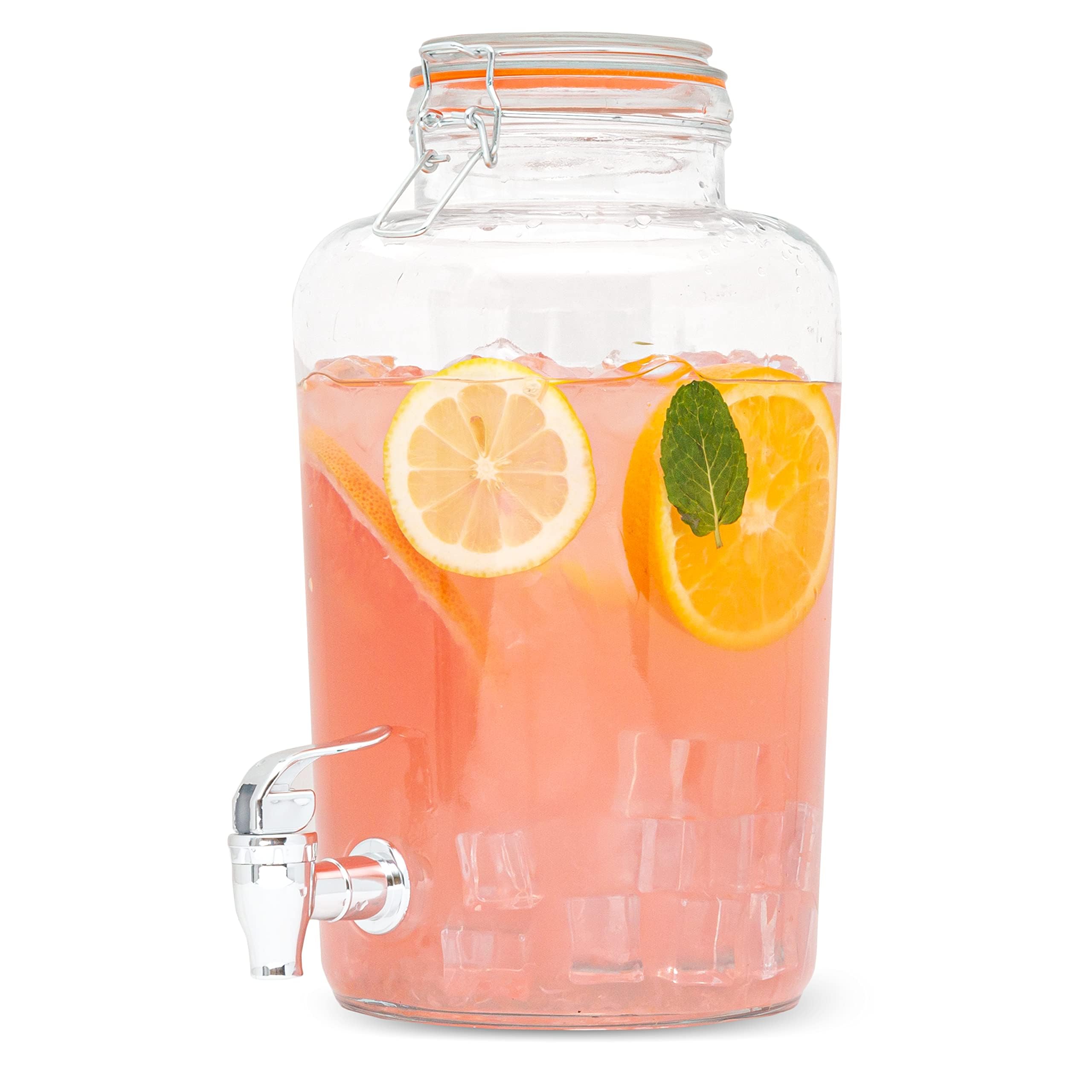 Ilyapa 2 Gallon Glass Beverage Dispenser - Wide Mouth Mason Jar Drink Dispenser - 100% Leak Proof with Glass Flip Top Lid, Dispenser for Parties, Weddings, Lemonade, Cold Water