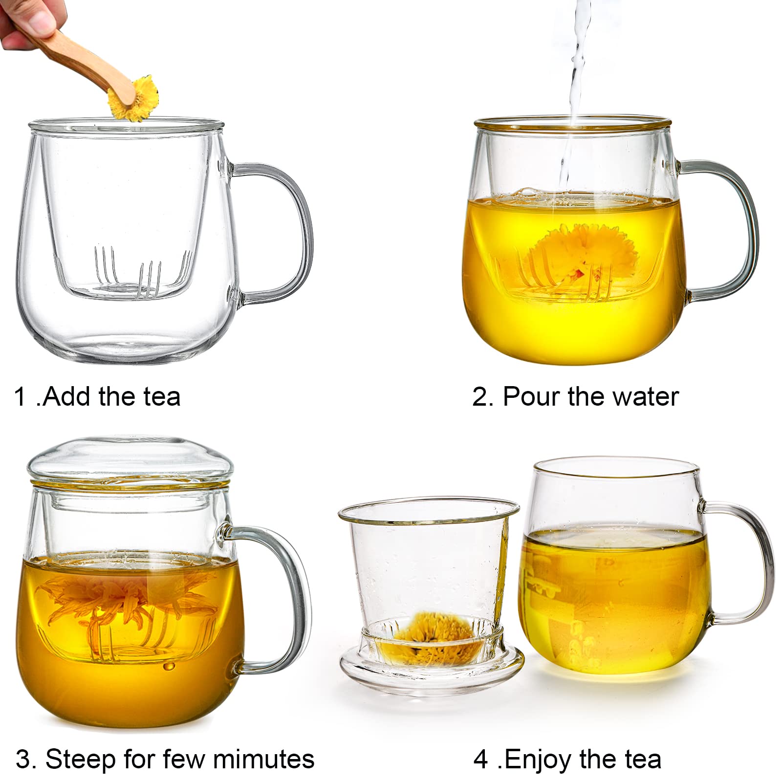 Tosnail 2 Pack 18 Ounce Large Glass Tea Cup with Lid and Tea Infuser Set, Tea Mugs with Strainer, Clear Teacups with Tea Filter, Glass Cups for Blooming Tea, Loose Tea Brewing