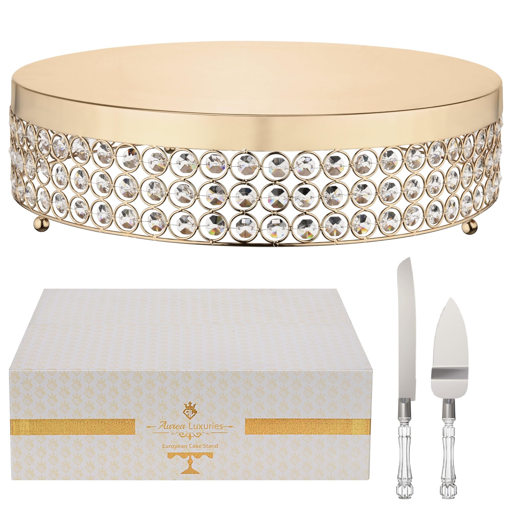 16'' Gold Cake Stand with Stainless Steel Cake Knife & Server – 3Pcs Set Luxurious Cake Holder with Crystal Beads – Multipurpose Dessert Stand Dessert Table Display for Wedding, Party, (Clear)