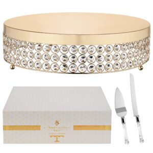 16'' Gold Cake Stand with Stainless Steel Cake Knife & Server – 3Pcs Set Luxurious Cake Holder with Crystal Beads – Multipurpose Dessert Stand Dessert Table Display for Wedding, Party, (Clear)