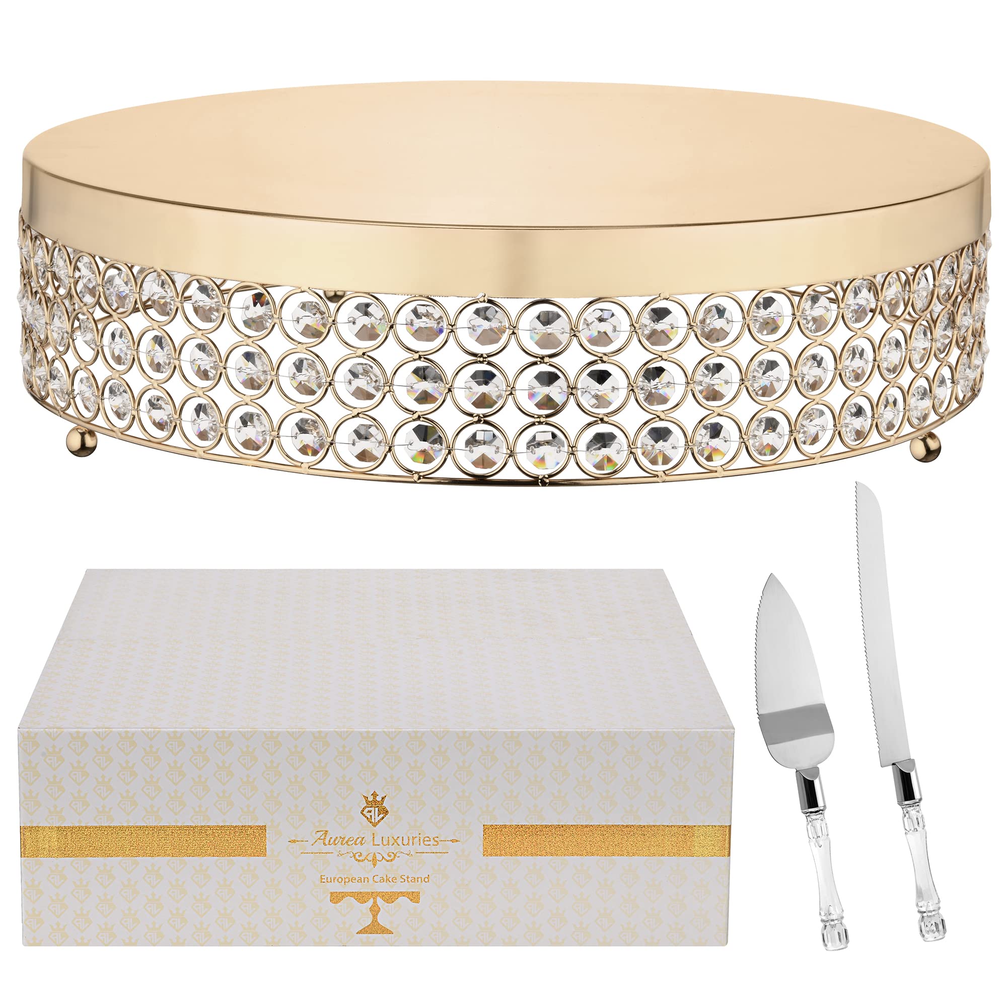 16'' Gold Cake Stand with Stainless Steel Cake Knife & Server – 3Pcs Set Luxurious Cake Holder with Crystal Beads – Multipurpose Dessert Stand Dessert Table Display for Wedding, Party, (Clear)