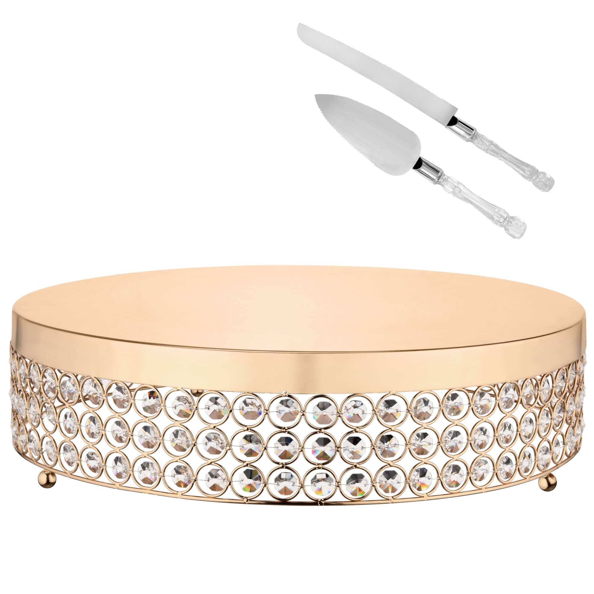 16'' Gold Cake Stand with Stainless Steel Cake Knife & Server – 3Pcs Set Luxurious Cake Holder with Crystal Beads – Multipurpose Dessert Stand Dessert Table Display for Wedding, Party, (Clear)