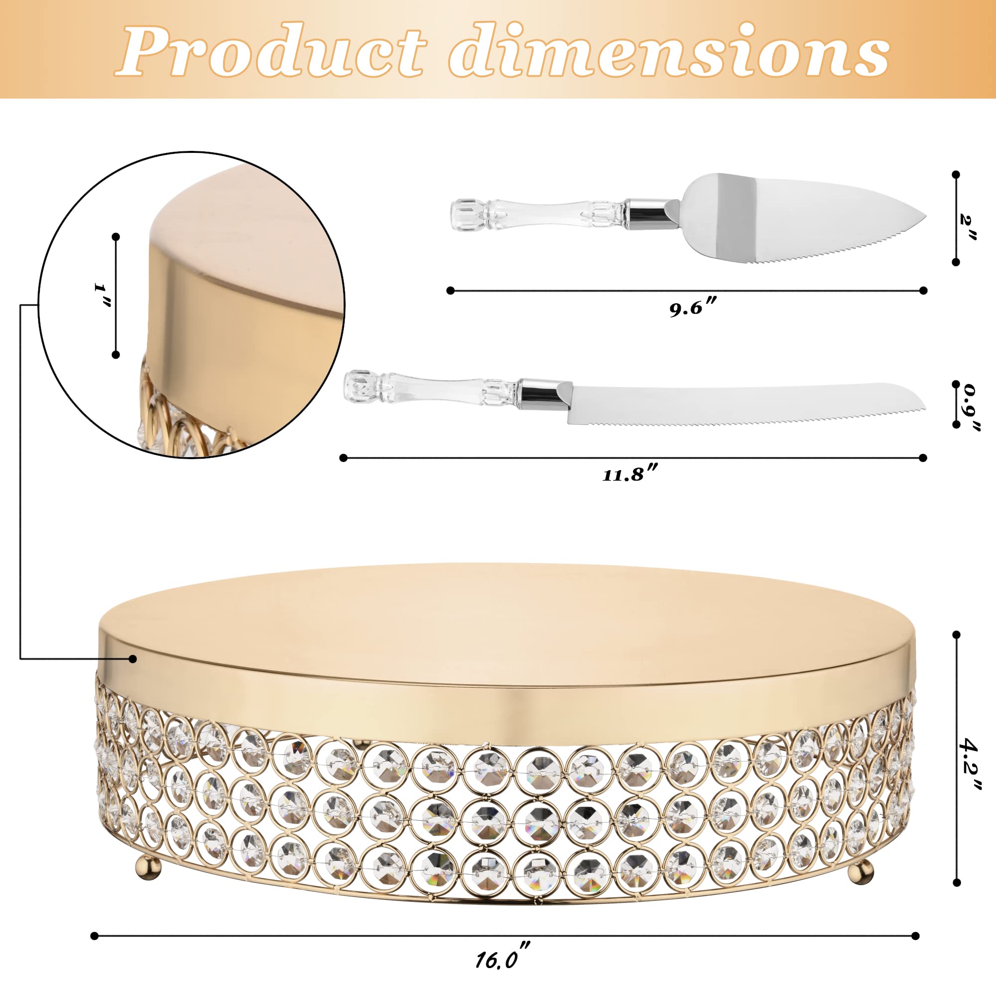 16'' Gold Cake Stand with Stainless Steel Cake Knife & Server – 3Pcs Set Luxurious Cake Holder with Crystal Beads – Multipurpose Dessert Stand Dessert Table Display for Wedding, Party, (Clear)