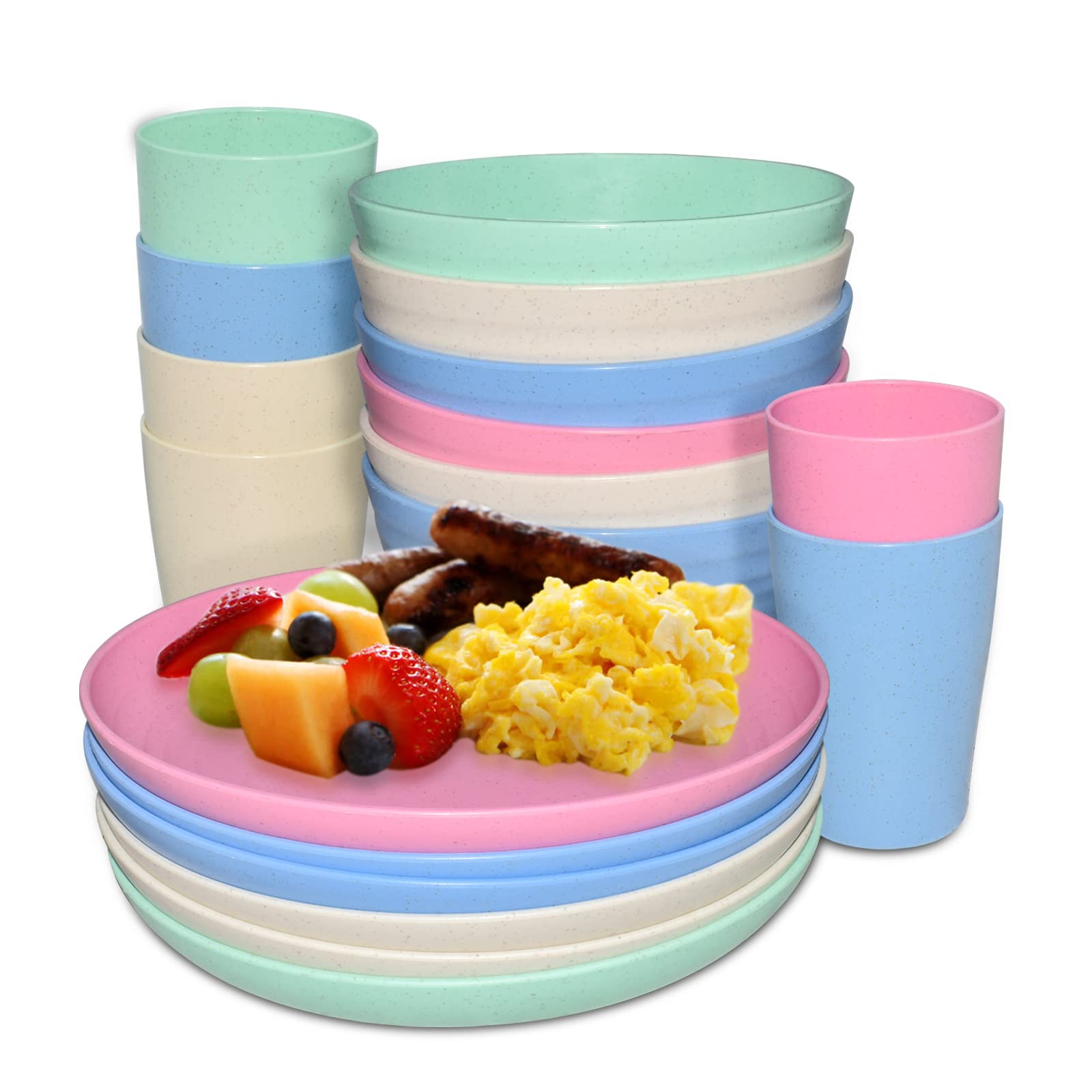 DELMONCART Wheat Straw Dinnerware Set of 6,18 Pieces Multicolor Reusable Lightweight Cereal Soup Rice Plates Bowls Cups and Spoons For Adults, Unbreakable Plastic Outdoor Camping Dishes