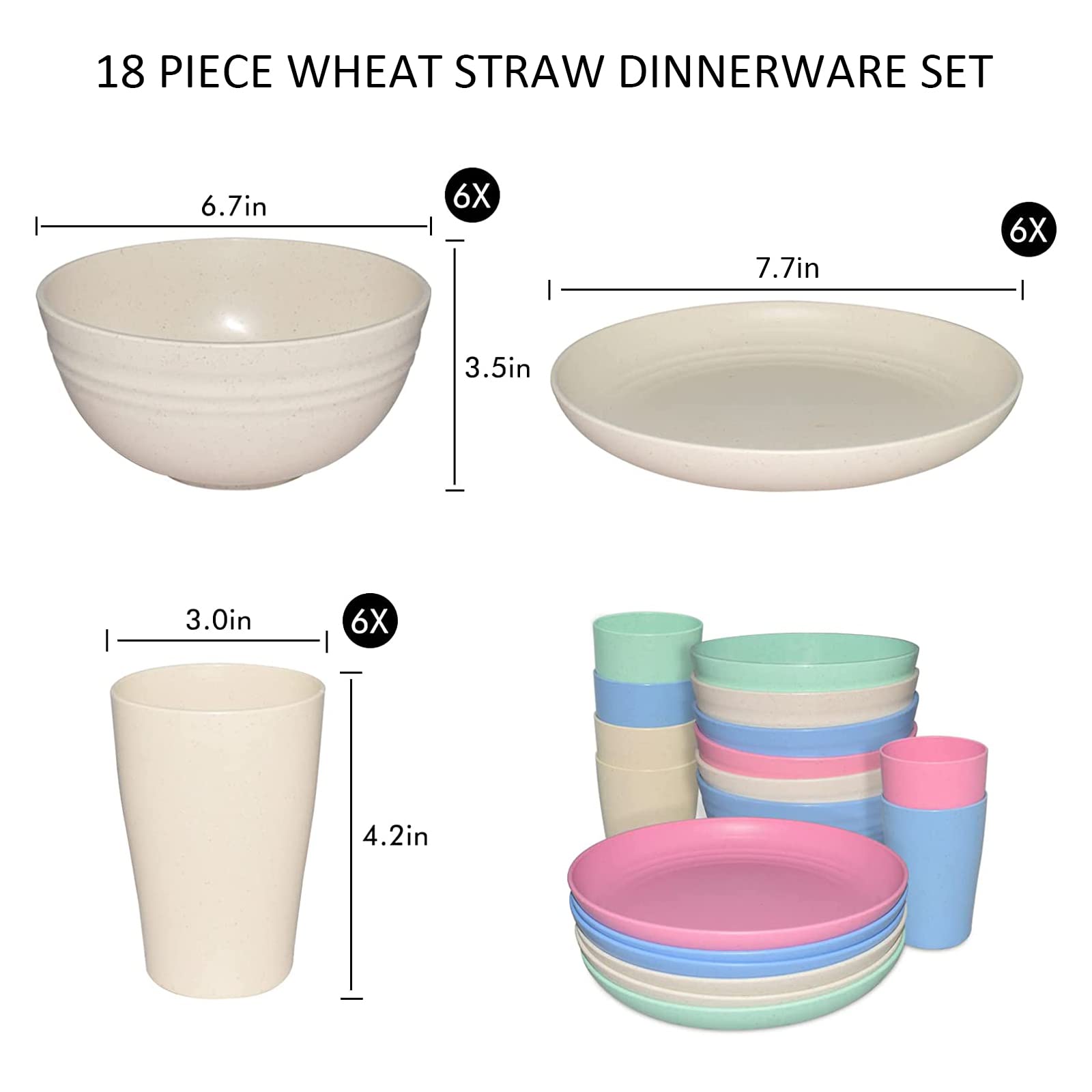 DELMONCART Wheat Straw Dinnerware Set of 6,18 Pieces Multicolor Reusable Lightweight Cereal Soup Rice Plates Bowls Cups and Spoons For Adults, Unbreakable Plastic Outdoor Camping Dishes