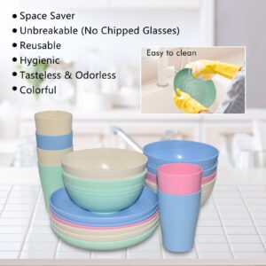 DELMONCART Wheat Straw Dinnerware Set of 6,18 Pieces Multicolor Reusable Lightweight Cereal Soup Rice Plates Bowls Cups and Spoons For Adults, Unbreakable Plastic Outdoor Camping Dishes