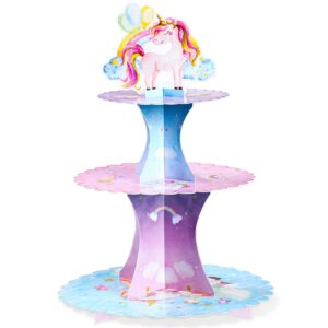 nuenen 3 tier unicorn cupcake stand watercolor unicorn cardboard cupcake holder pink girl party dessert tower rainbow treat stand for kids unicorn birthday decor baby shower family gathering supplies