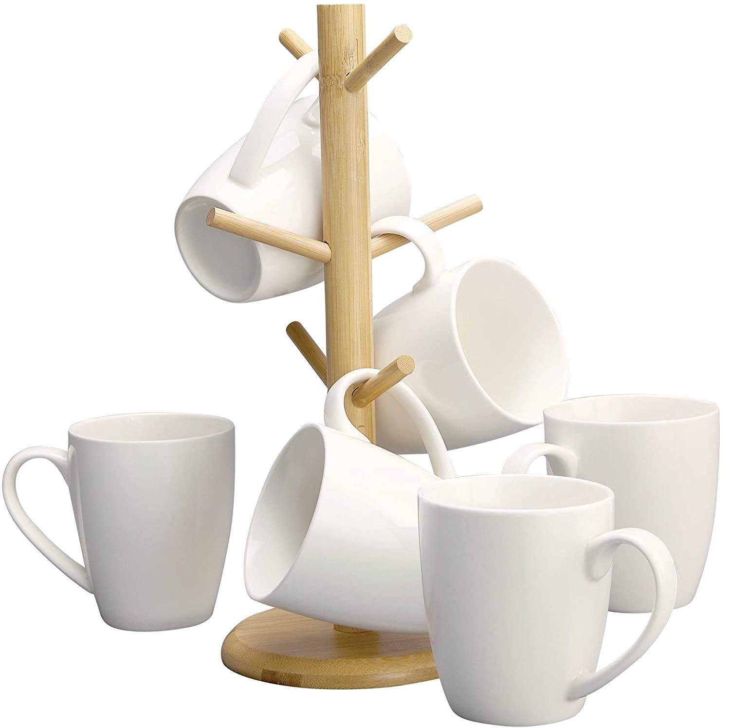 DECORDINE Coffee Mug Set of 6 Ceramic Coffee Cups 16 oz. Elegant White with Stand - Mug Holder Tree - Wood Organizer Rack with 6 Hook Hangers