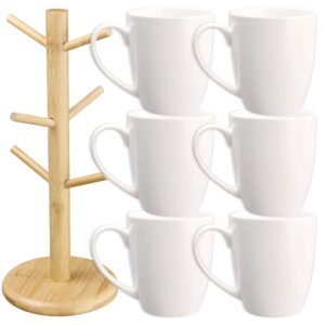 DECORDINE Coffee Mug Set of 6 Ceramic Coffee Cups 16 oz. Elegant White with Stand - Mug Holder Tree - Wood Organizer Rack with 6 Hook Hangers