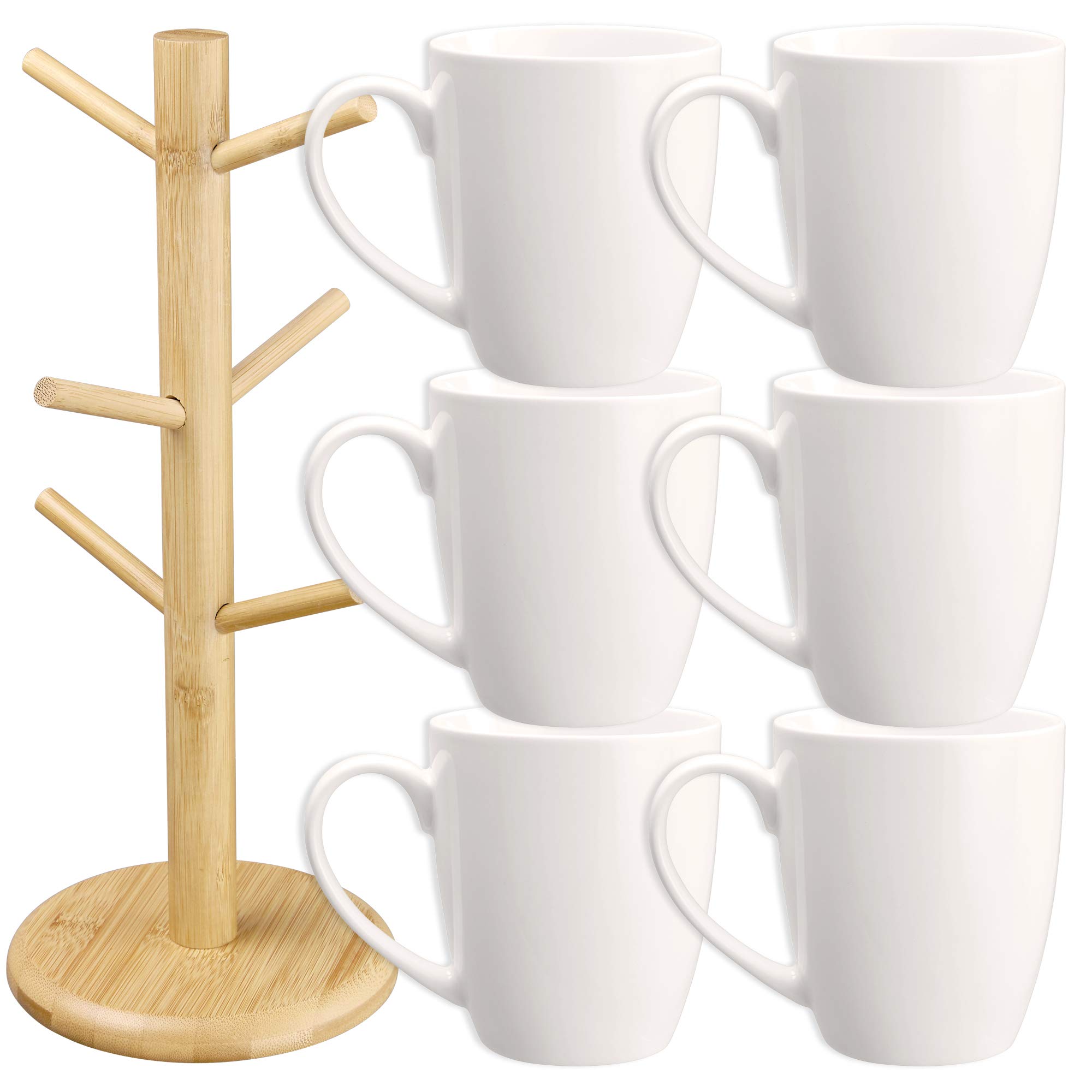 DECORDINE Coffee Mug Set of 6 Ceramic Coffee Cups 16 oz. Elegant White with Stand - Mug Holder Tree - Wood Organizer Rack with 6 Hook Hangers