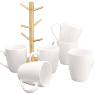 DECORDINE Coffee Mug Set of 6 Ceramic Coffee Cups 16 oz. Elegant White with Stand - Mug Holder Tree - Wood Organizer Rack with 6 Hook Hangers