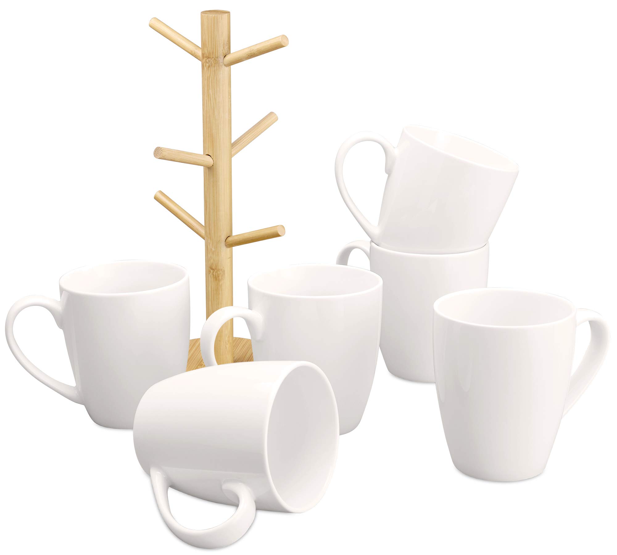 DECORDINE Coffee Mug Set of 6 Ceramic Coffee Cups 16 oz. Elegant White with Stand - Mug Holder Tree - Wood Organizer Rack with 6 Hook Hangers