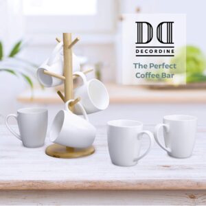 DECORDINE Coffee Mug Set of 6 Ceramic Coffee Cups 16 oz. Elegant White with Stand - Mug Holder Tree - Wood Organizer Rack with 6 Hook Hangers