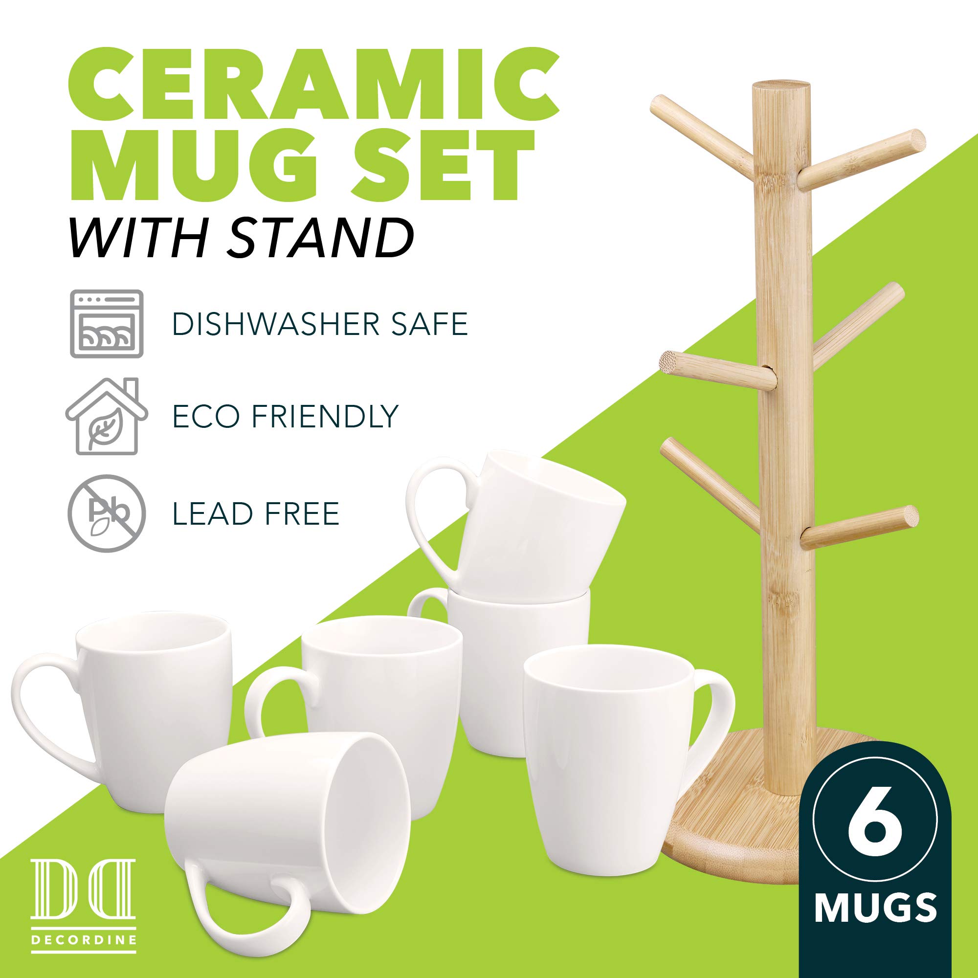 DECORDINE Coffee Mug Set of 6 Ceramic Coffee Cups 16 oz. Elegant White with Stand - Mug Holder Tree - Wood Organizer Rack with 6 Hook Hangers