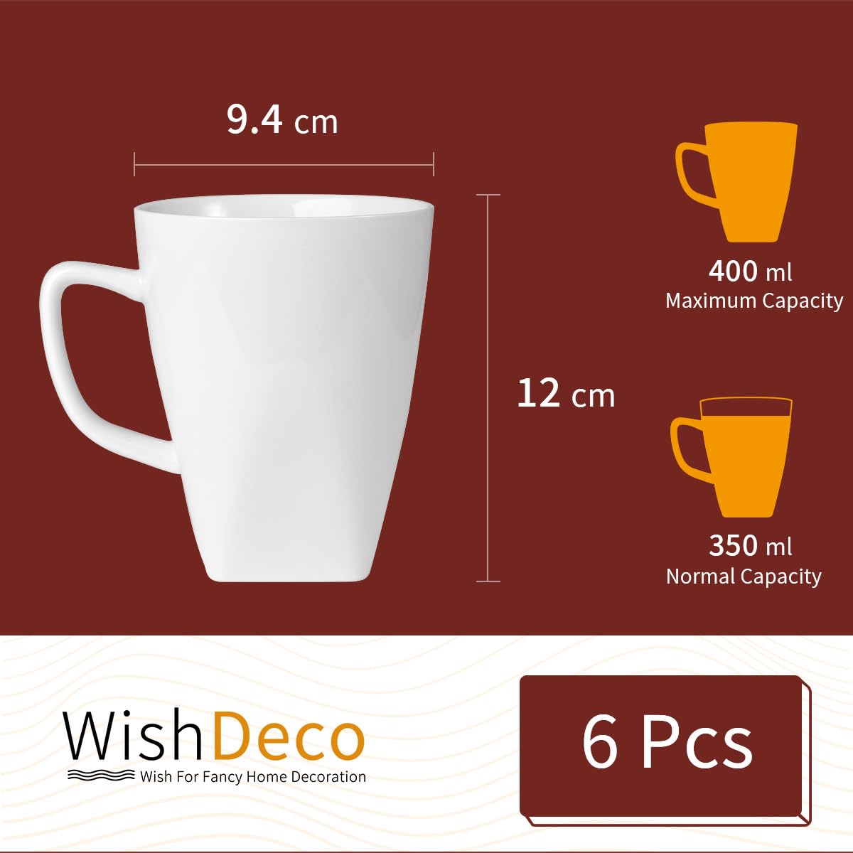 WishDeco Coffee Mugs Set of 6, White Mugs with Handle, 14oz Porcelain Coffee Cups, Ceramic Tea Cups, Large Mugs for Latte, Cappuccino, Milk, Juice, Cocoa, Square Bottom