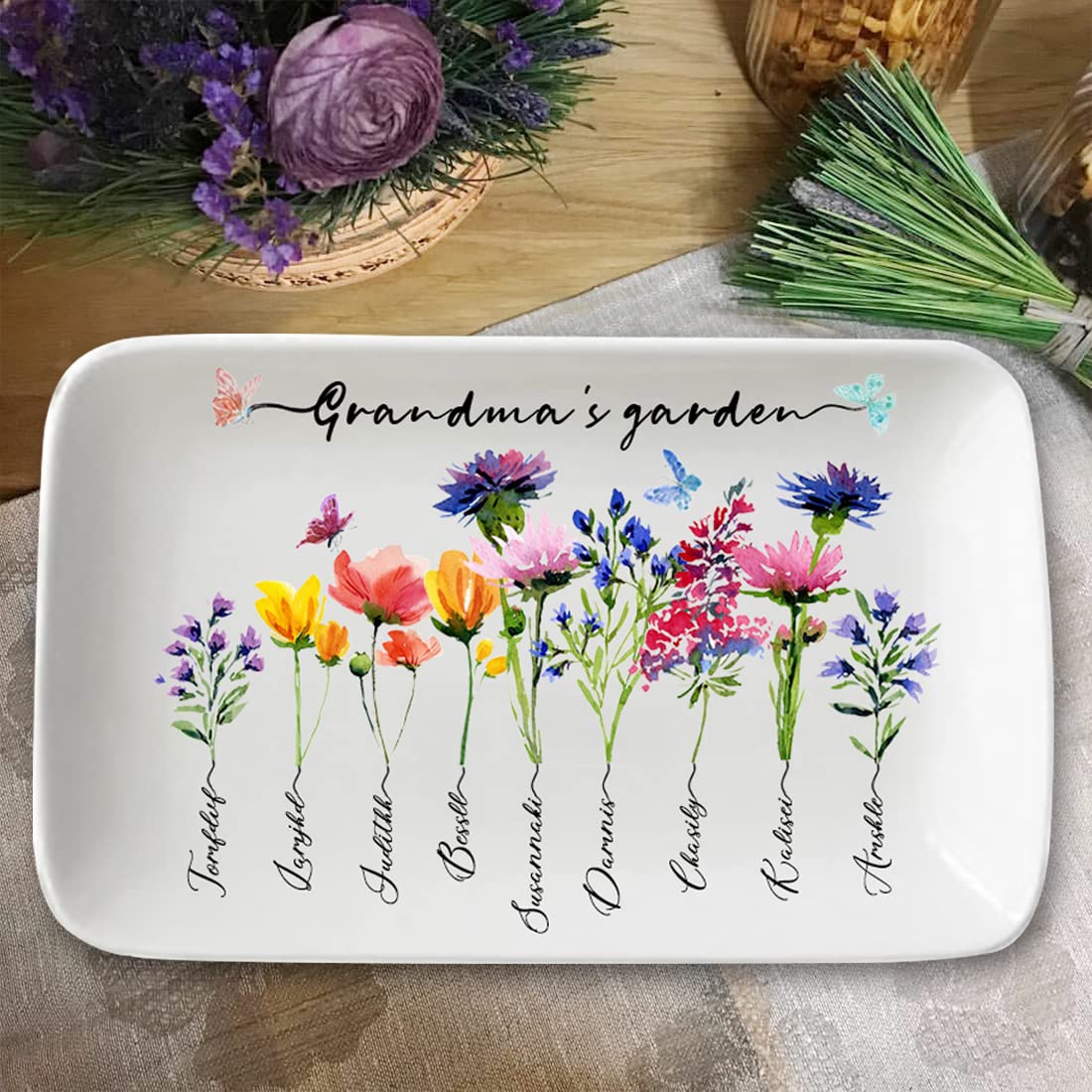 Personalized Grandma's Garden Plate With Grandkids Names Custom Birth Month Flower Plate Family Name Watercolor Flowers Personalized Platter, Unique Gift Mothers Day for MOM Grandma