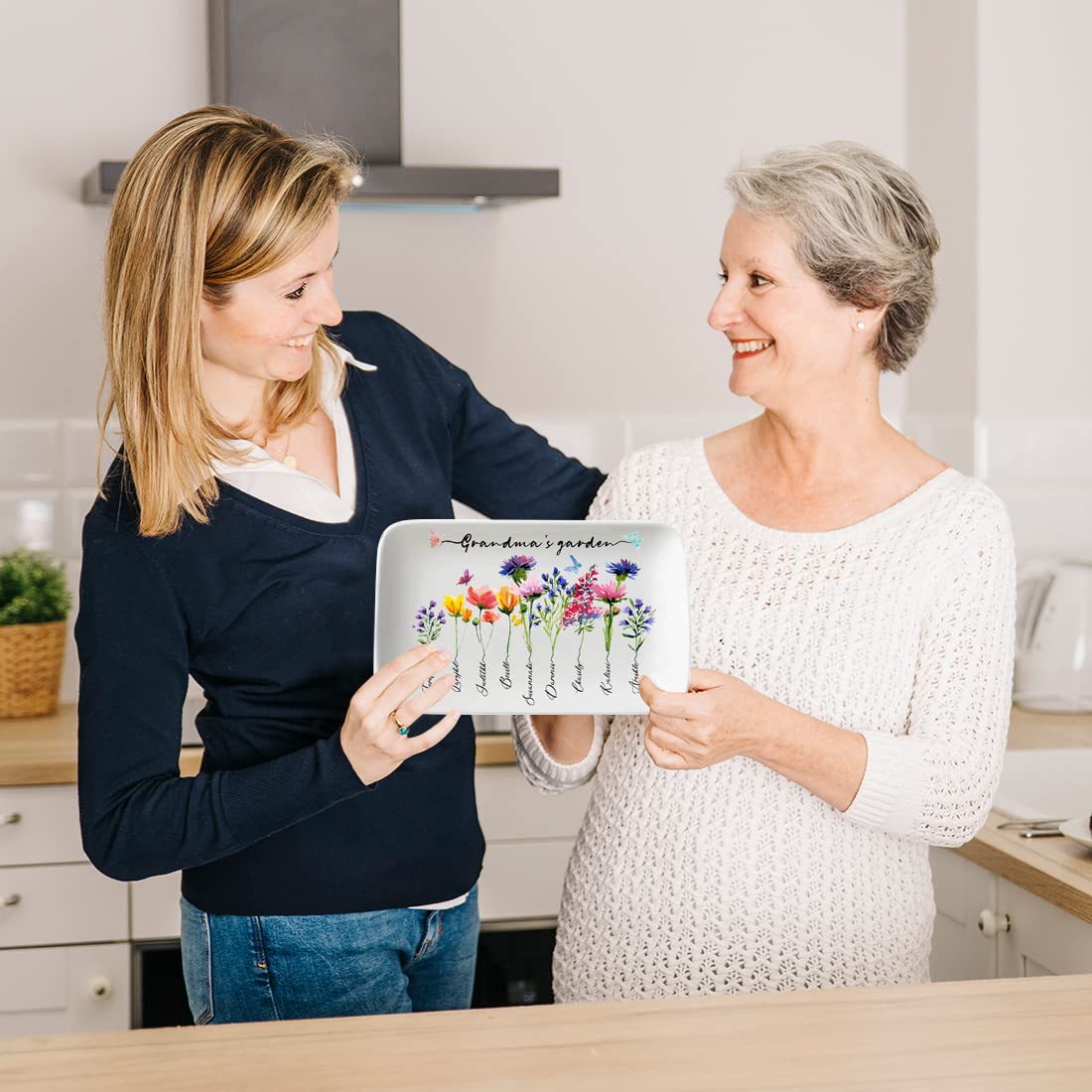 Personalized Grandma's Garden Plate With Grandkids Names Custom Birth Month Flower Plate Family Name Watercolor Flowers Personalized Platter, Unique Gift Mothers Day for MOM Grandma