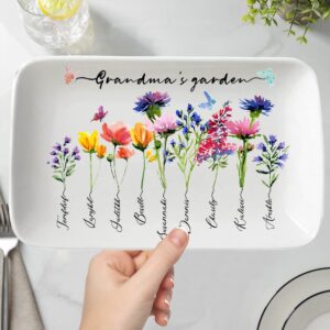 Personalized Grandma's Garden Plate With Grandkids Names Custom Birth Month Flower Plate Family Name Watercolor Flowers Personalized Platter, Unique Gift Mothers Day for MOM Grandma