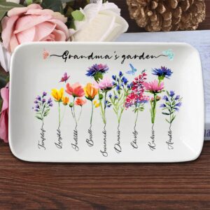 Personalized Grandma's Garden Plate With Grandkids Names Custom Birth Month Flower Plate Family Name Watercolor Flowers Personalized Platter, Unique Gift Mothers Day for MOM Grandma