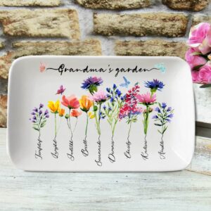 Personalized Grandma's Garden Plate With Grandkids Names Custom Birth Month Flower Plate Family Name Watercolor Flowers Personalized Platter, Unique Gift Mothers Day for MOM Grandma