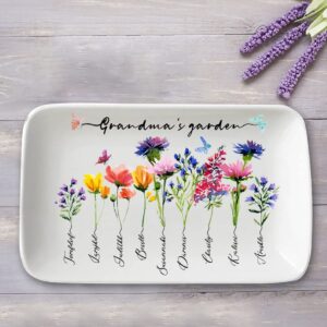 Personalized Grandma's Garden Plate With Grandkids Names Custom Birth Month Flower Plate Family Name Watercolor Flowers Personalized Platter, Unique Gift Mothers Day for MOM Grandma