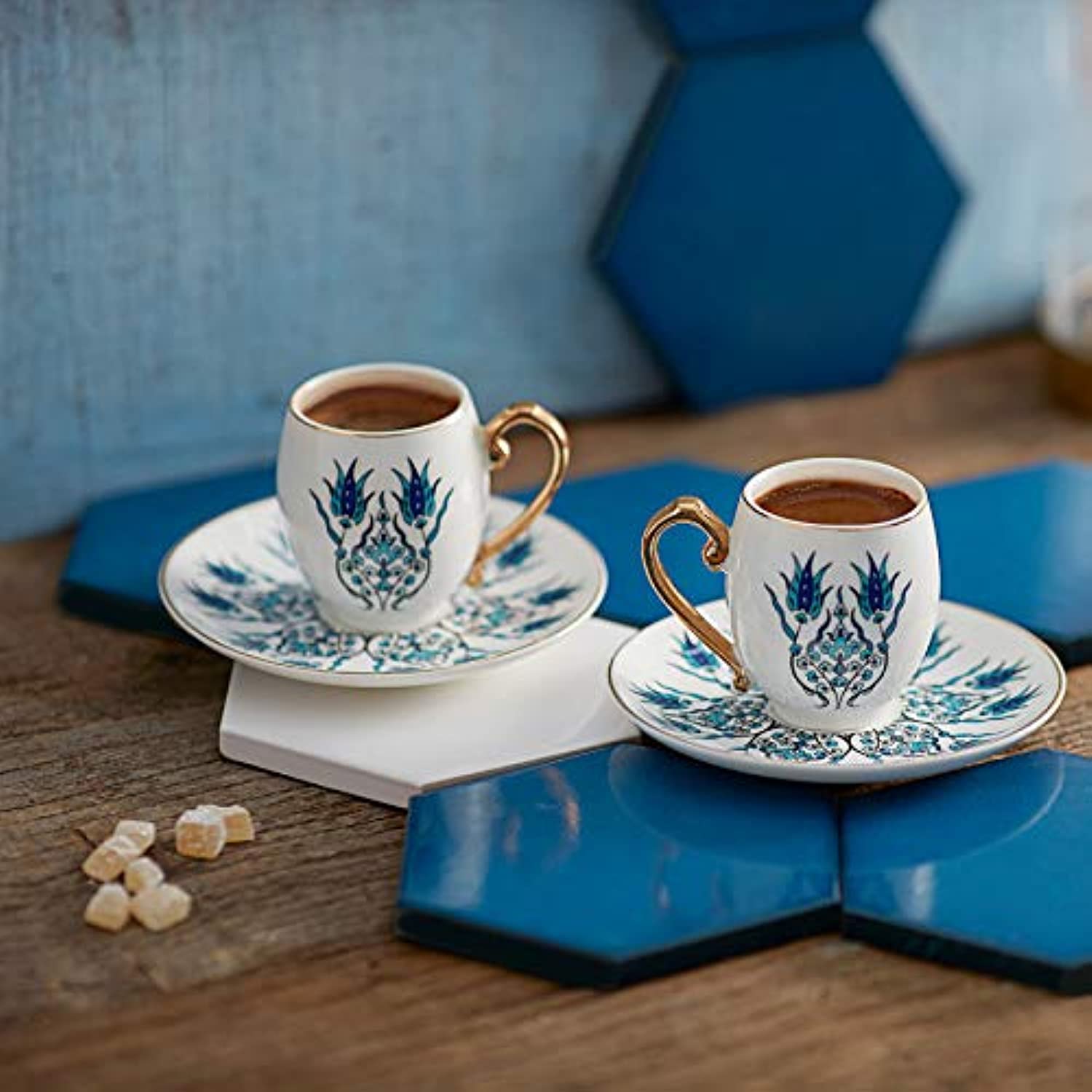 Turkish Espresso Cup and Saucer Set for 2 People,Iznik series Espresso Cups Set-Roasted Turkish Coffee Gift Mocha & Cappuccino Cups Made of Porcelain, Traditional Turkish Pattern Turkish coffee