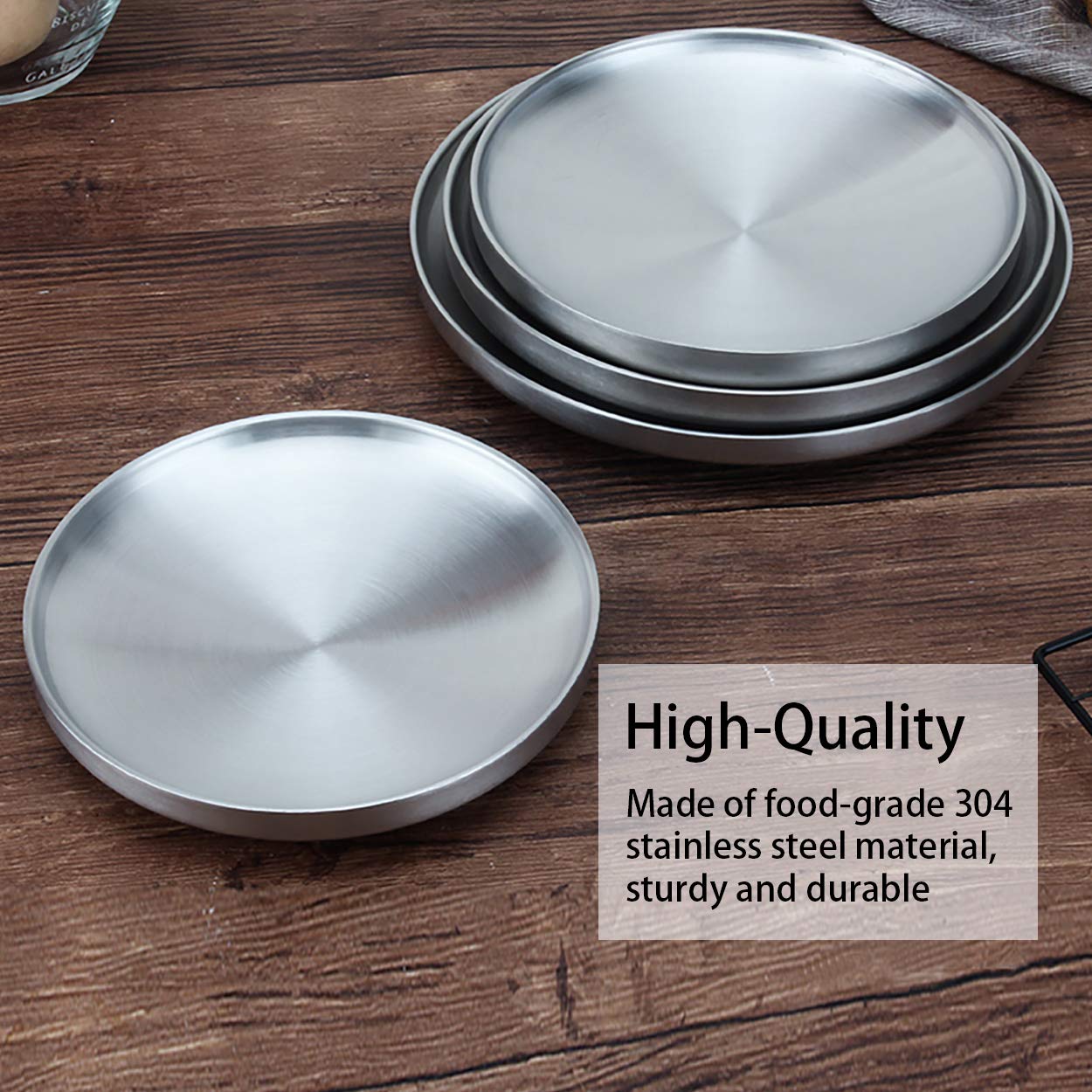 Sumerflos 304 Stainless Steel Dinner Plate, 9" Double-layer Round Dessert Plate, Serving Camping Salad Plate for Homr Kichten, Outdoor Camping, Snack and BBQ - Set of 4