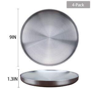 Sumerflos 304 Stainless Steel Dinner Plate, 9" Double-layer Round Dessert Plate, Serving Camping Salad Plate for Homr Kichten, Outdoor Camping, Snack and BBQ - Set of 4