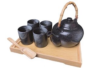 japanese asian tea set ceramic teapot with strainer, rattan handle, 4 tea cups, tea scoop, wooden serving tray and instructions - modern teapot set for home and office - gift