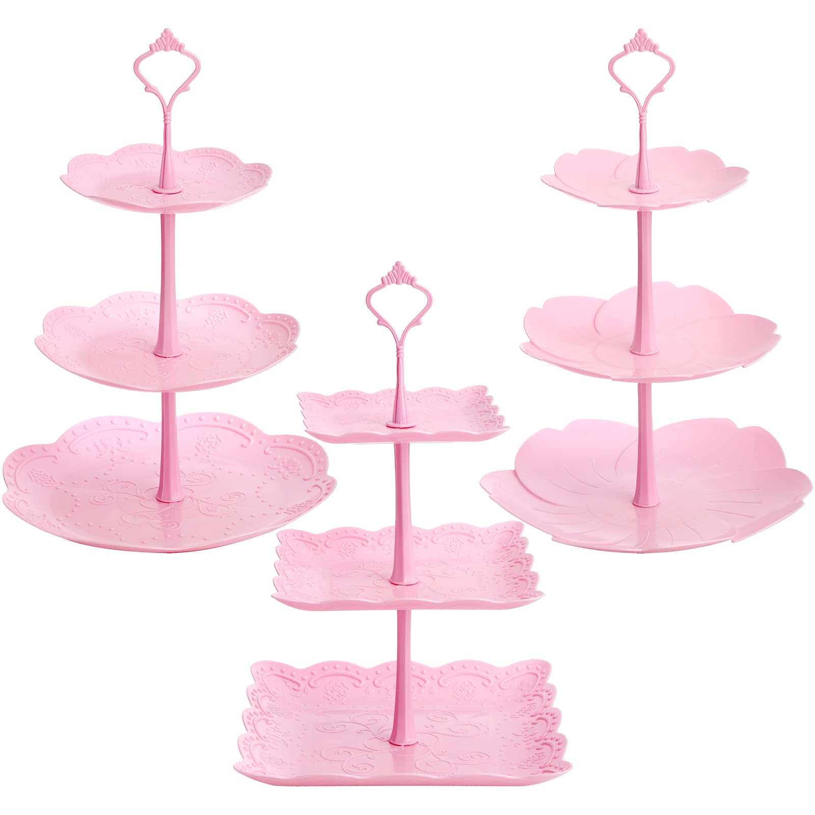 Tosnail 3 Pack 3 Tiers Plastic Cupcake Stand Dessert Stand Tiered Serving Trays with Pink Rod Candy Pastry Holders for Baby Shower, Wedding and Party - Pink Rod