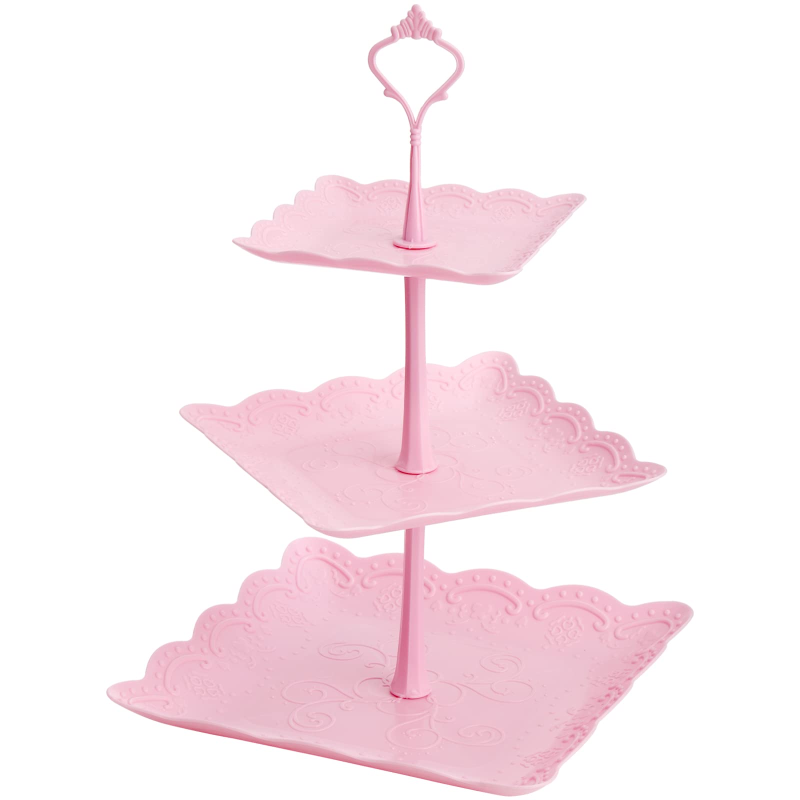 Tosnail 3 Pack 3 Tiers Plastic Cupcake Stand Dessert Stand Tiered Serving Trays with Pink Rod Candy Pastry Holders for Baby Shower, Wedding and Party - Pink Rod