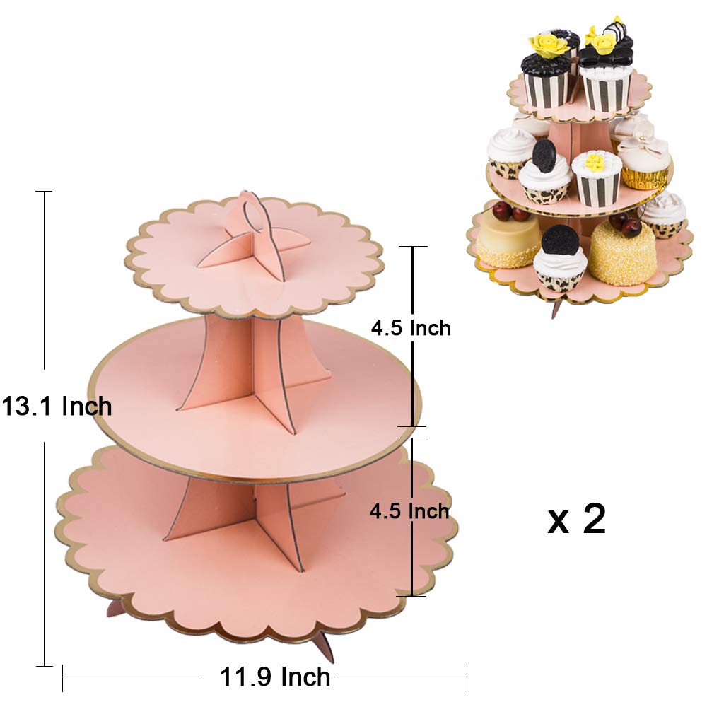 3-Pack Cardboard Cupcake Stand Dessert Tower 3 Tier(2PC) + 1Tier(1PC) Paper Cake Stand (Pink and Gold)