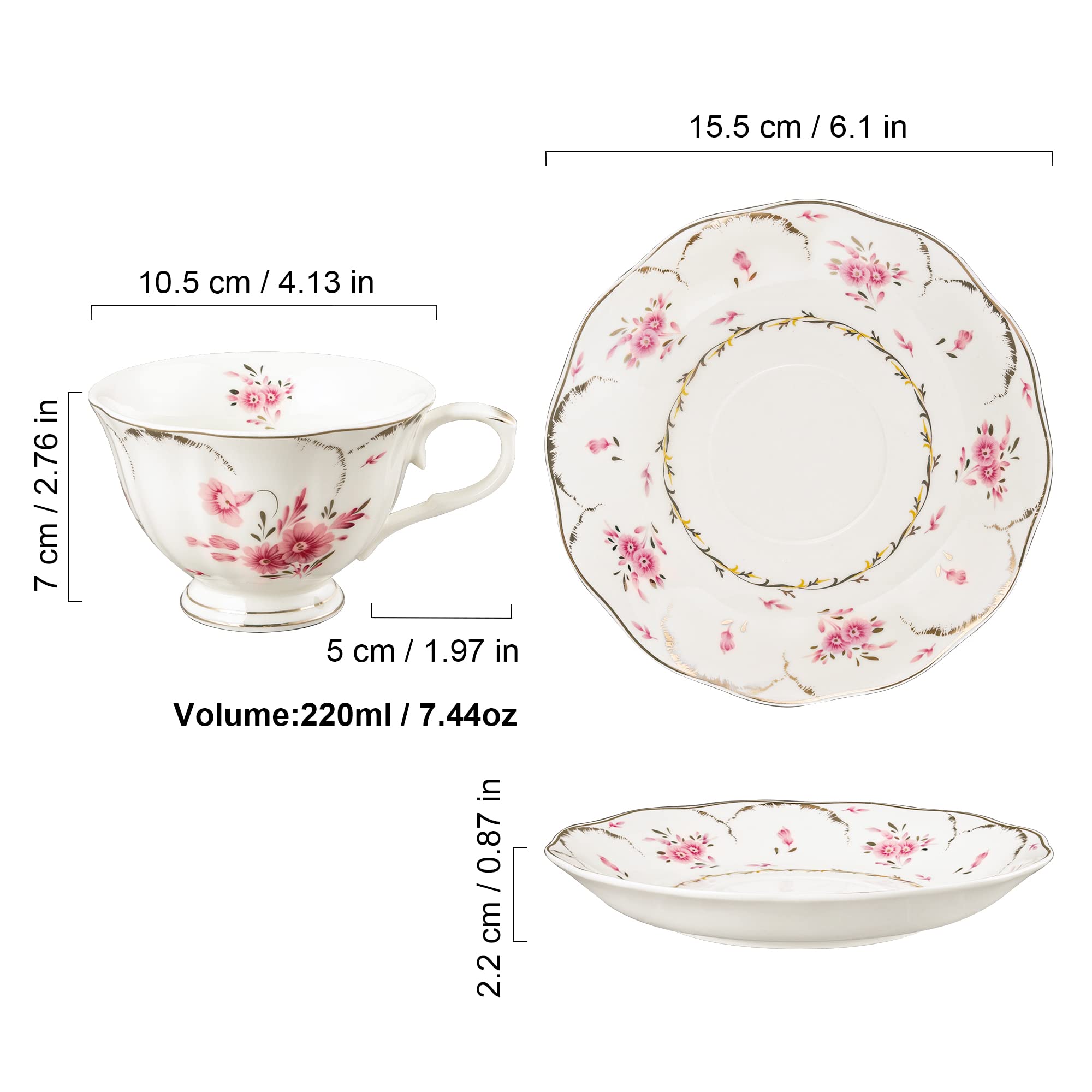 fanquare White Porcelain Tea Cup with Saucer, Single Rose Tea Cup for Coffee, Latte, Espresso, 7.4oz