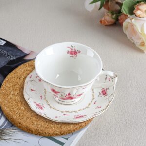 fanquare White Porcelain Tea Cup with Saucer, Single Rose Tea Cup for Coffee, Latte, Espresso, 7.4oz