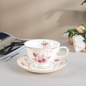 fanquare White Porcelain Tea Cup with Saucer, Single Rose Tea Cup for Coffee, Latte, Espresso, 7.4oz