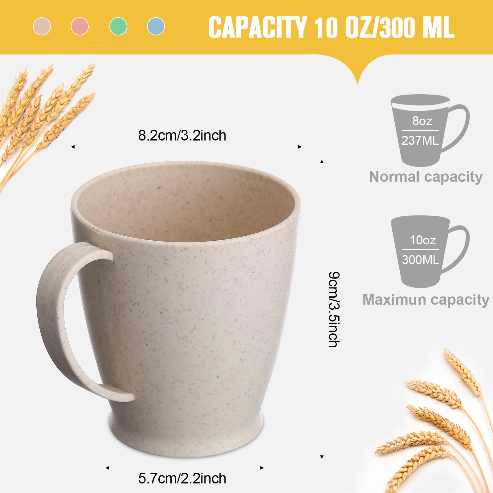 16 Pieces Wheat Straw Plastic Coffee Cups 10 Oz Reusable Plastic Cup Mug with Handle Lightweight Microwavable Dishwasher Safe Unbreakable Camping Coffee Mugs for Tea Milk Water Juice Tea, 4 Colors