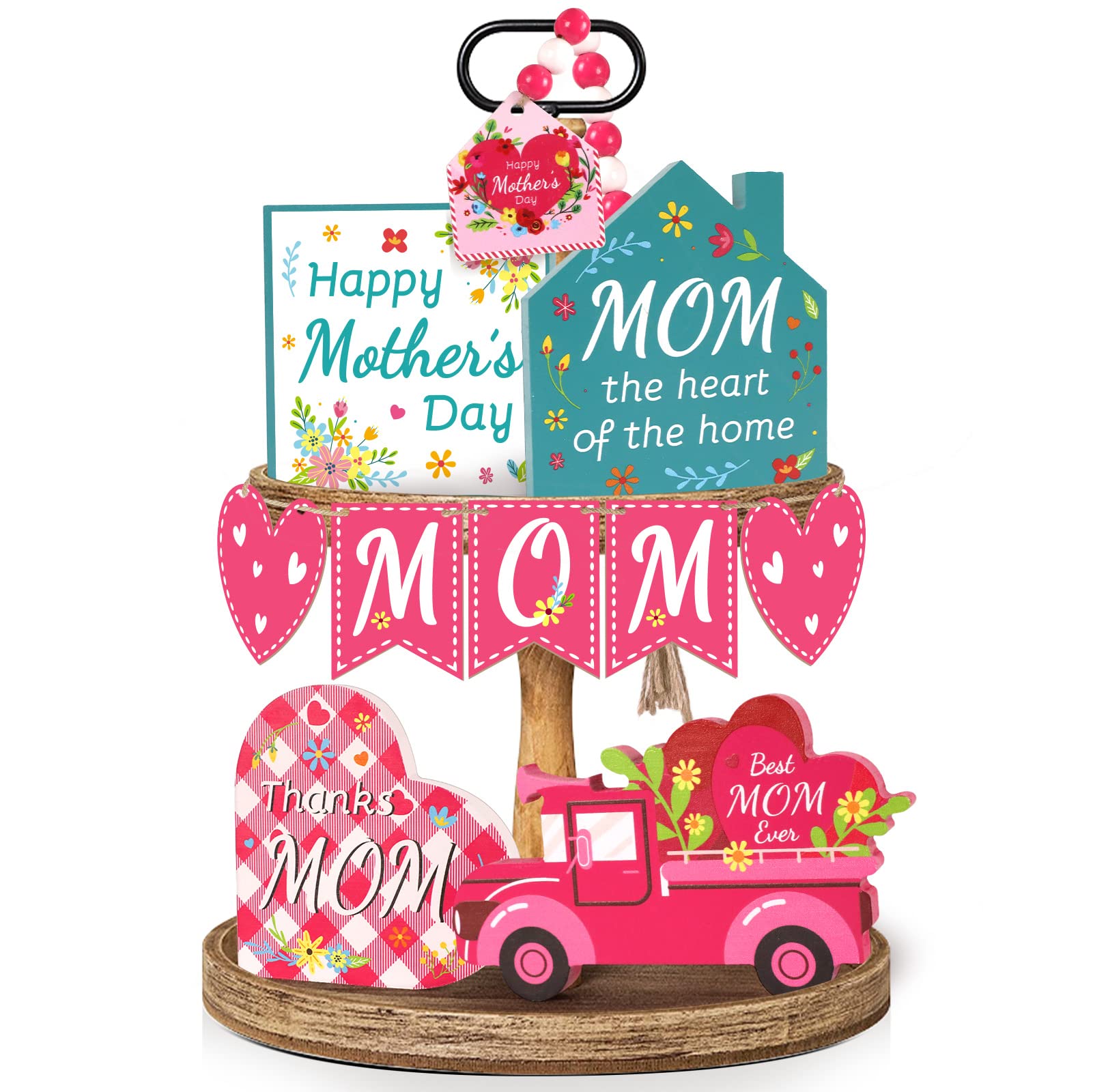 Mother's Day Centerpiece Table Decorations Happy Mother's Day Party Centerpieces Wooden Table Signs Thank You Mom Tiered Tray Decor Flower Heart Mom Party Supplies for Mother's Gift