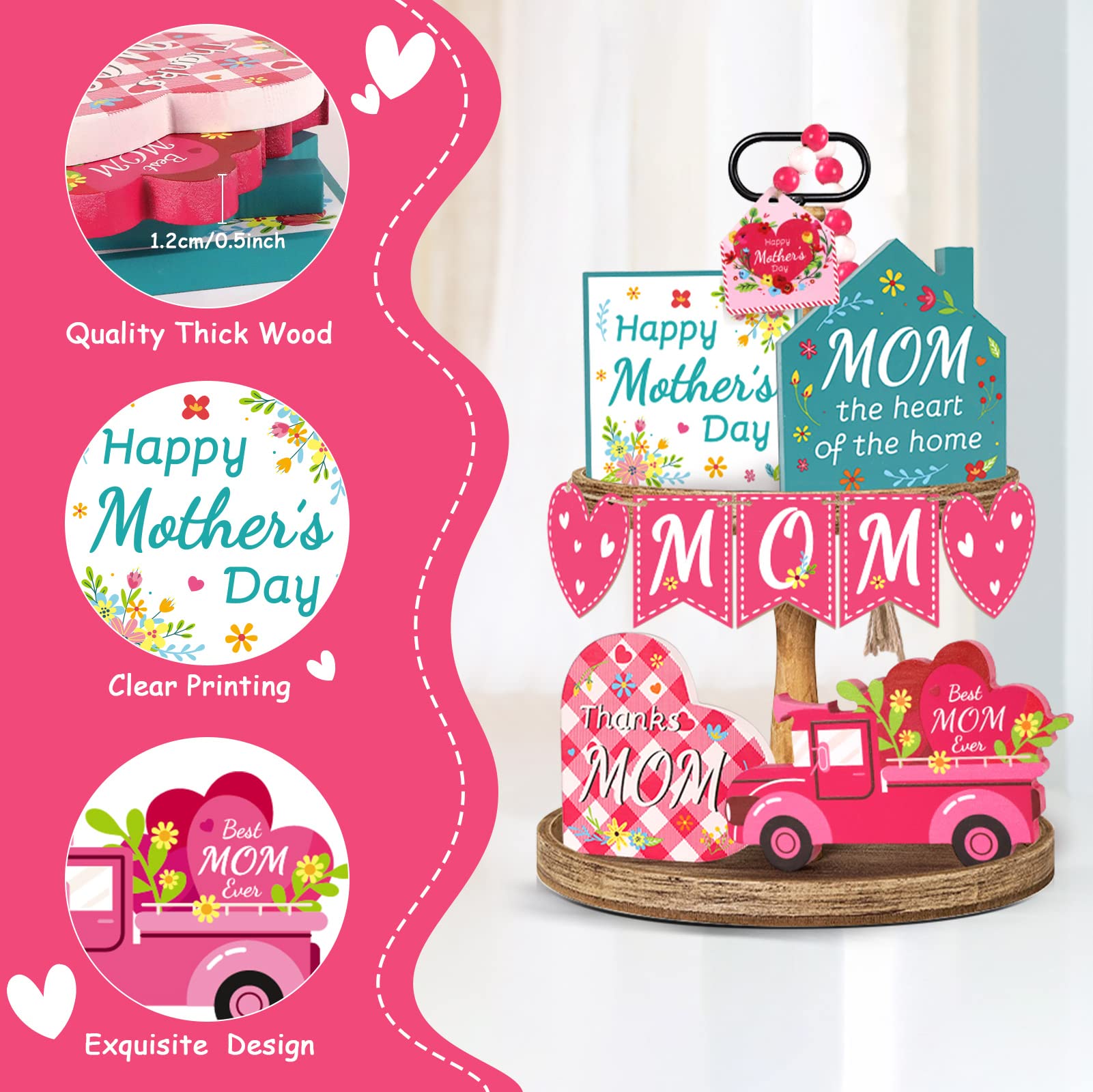 Mother's Day Centerpiece Table Decorations Happy Mother's Day Party Centerpieces Wooden Table Signs Thank You Mom Tiered Tray Decor Flower Heart Mom Party Supplies for Mother's Gift