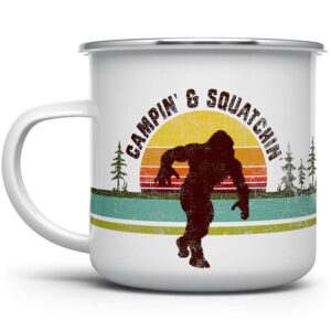 sasquatch bigfoot enamel campfire mug, outdoor camping coffee cup, mountain nature hiking camp lover gift (12oz)