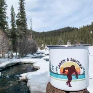 Sasquatch Bigfoot Enamel Campfire Mug, Outdoor Camping Coffee Cup, Mountain Nature Hiking Camp Lover Gift (12oz)