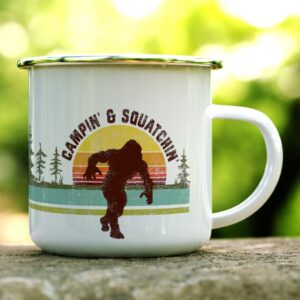 Sasquatch Bigfoot Enamel Campfire Mug, Outdoor Camping Coffee Cup, Mountain Nature Hiking Camp Lover Gift (12oz)