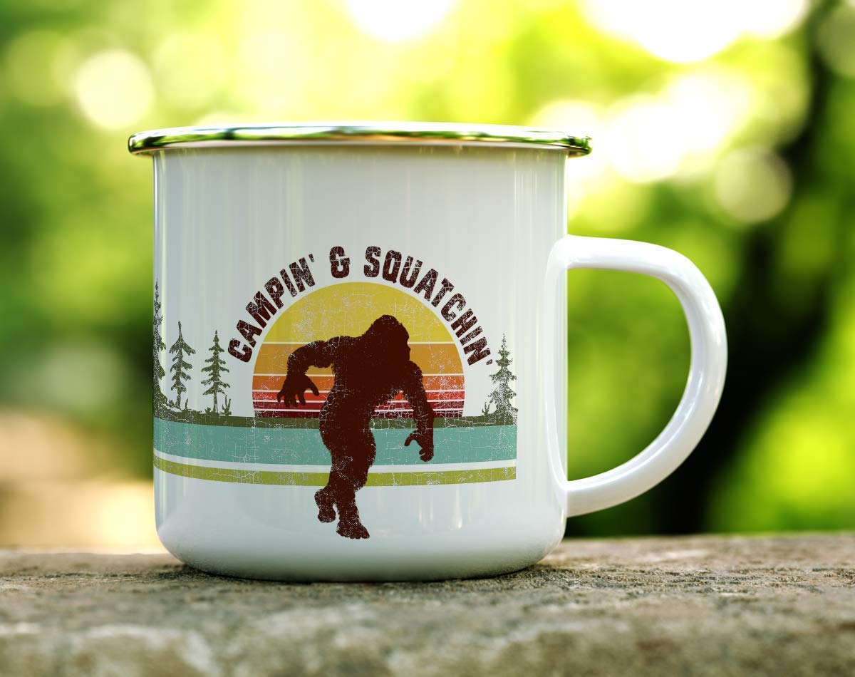 Sasquatch Bigfoot Enamel Campfire Mug, Outdoor Camping Coffee Cup, Mountain Nature Hiking Camp Lover Gift (12oz)