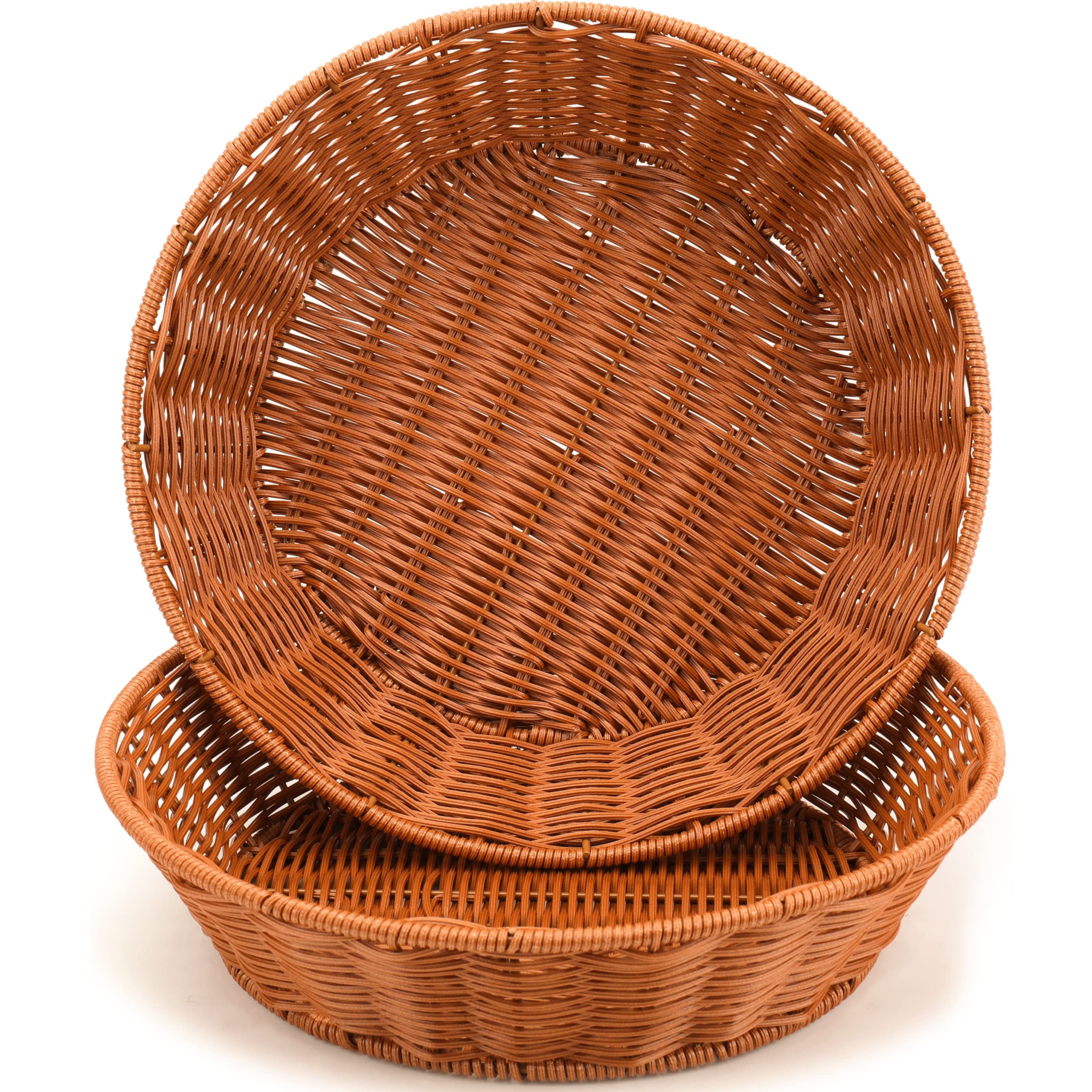 WUWEOT 2 Pack Woven Bread Basket, 12 Inch Round Imitation Rattan Fruit Basket, Tabletop Food Vegetables Serving Basket, Vintage Round Food Serving Baskets, Brown